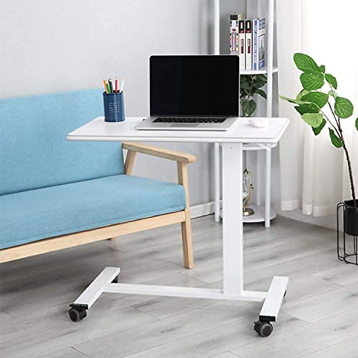 TigerDad Pneumatic Adjustable Overbed Table with Gas Spring Riser | Medical Adjustable Bed Side Table with Wheels | Portable Standing Desk for Laptop Computer with Large Work Space 30.7"x 17"