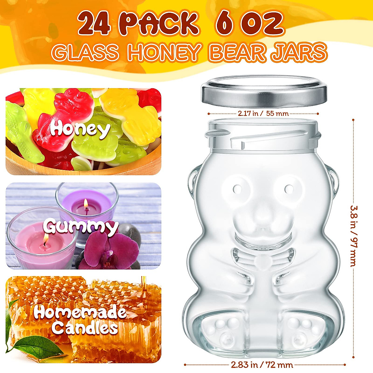 24 Pack 6 oz Glass Honey Bear Jars Glass Honey Bottles with Silver Lids Reusable Small Bear Shaped Jars Honey Bear Bottle Containers Dispenser for Candies, Baby Shower, Wedding Party Favors