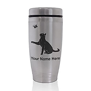 SkunkWerkz Commuter Travel Mug, Cat with Butterfly, Personalized Engraving Included