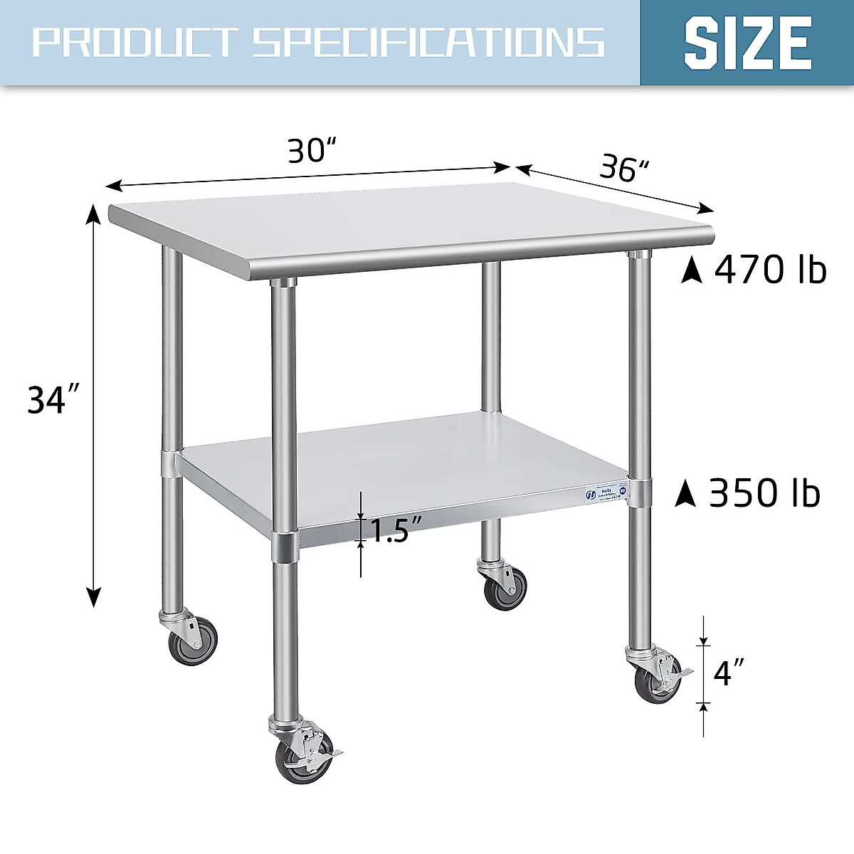 Hally Stainless Steel Table for Prep & Work 30 x 36 Inches with Caster Wheels, NSF Commercial Heavy Duty Table with Undershelf and Galvanized Legs for Restaurant, Home and Hotel