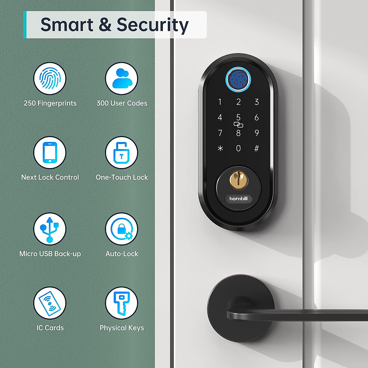Smart Door Lock, hornbill 8-in-1 Keyless Entry Door Lock Biometric Fingerprint Smart Deadbolt, Electronic Digital Bluetooth Keypad Code Door Lock, Smart Locks for Front Door, IC Fob & App Control