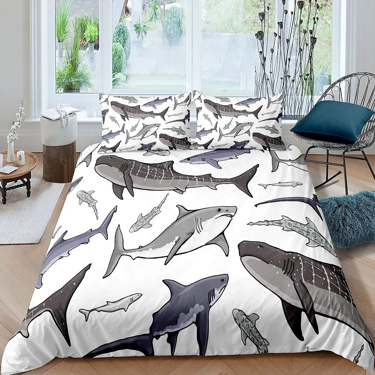 Feelyou Ocean Shark Bedding Set Gray White Shark Duvet Cover Set for Kids Boys Girls Sea Creature Sealife Comforter Cover Animal Printed Quilt Cover Bedroom Collection 2Pcs Twin Size