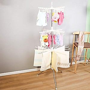BAOYOUNI Collapsible Clothes Drying Rack 3-Tier Indoor Outdoor Space Saving Stand Hanger with 48 Clips and 16 Towels Bars for Baby Clothes, Cloth Diapers, Socks, Bras, Towels, Underwear (Ivory)