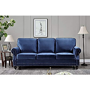 Container Furniture Direct Lotus Mid Century Modern Velvet Upholstered Living Room Rolled Arms, Sofa, Cobalt Blue