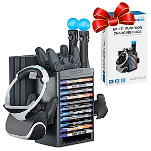 Skywin- Charging Station Compatible with PS4 VR Headset, PSVR Charging Station Stand with Game Disc Rack, Headset and Console Stand, Cooling Fan, Controller Charger and USB Hub - Multipurpose VR Stand