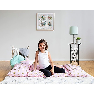 Wildkin Kids Floor Lounger: Ideal for Boys and Girls, Travel-Friendly, Perfect for Sleepovers - Pillow Lounger for Kids, Requires Standard Size Pillows Not Included (Pink and Gold Stars)