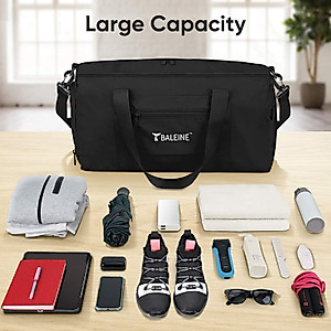 BALEINE Gym Bag for Women and Men, Small Duffel Bag for Sports, Gyms and Weekend Getaway, Waterproof Dufflebag with Shoe and Wet Clothes Compartments, Lightweight Carryon Gymbag (Black)