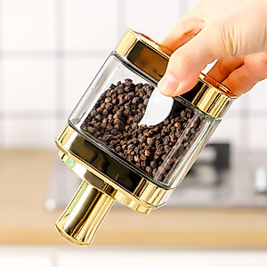 BETTWILL Glass Condiment Spice Jars, Container with Lids and Spoons(11oz/320 ml), Gold Salt Jar, 2Pack Seasoning Box Set for Sugar, Pepper, for Kitchen Counter，Brown Sugar Container.