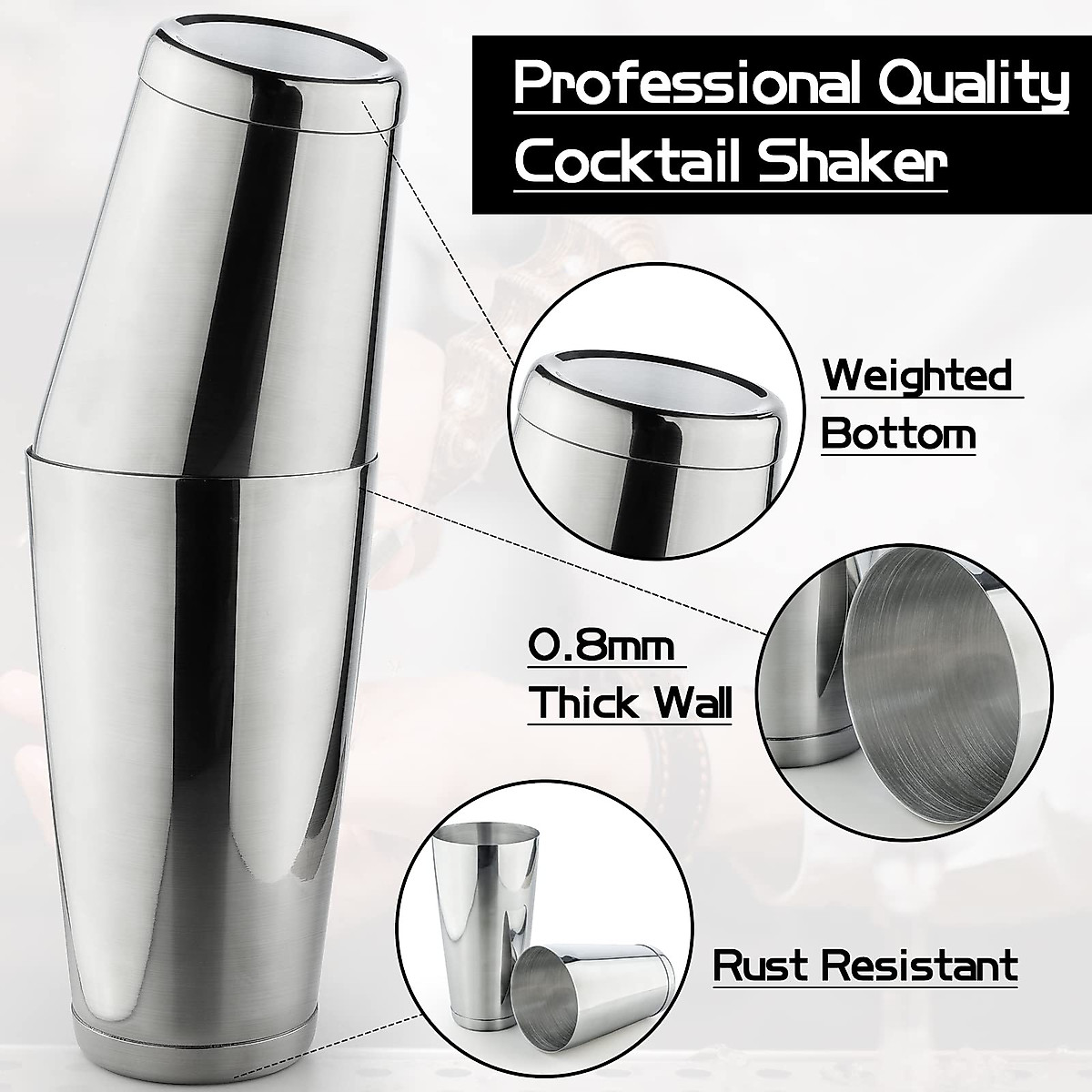 Stainless Steel Cocktail Shaker - 2 Piece 18oz & 28oz Boston Cocktail Shaker Bar Shaker Set Martini Shaker Set Bartender Shakers for Bartending - Silver 6 Pack