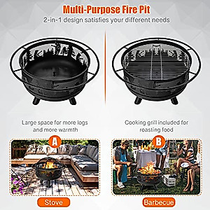 Tangkula Outdoor Wood Burning Fire Pit, 30 Inch Round Fire Pit Bowl w/Fire Poker, Grill & Spark Screen, 2-in-1 Powder-Coated Steel Firepit for Patio, Backyard, Barbecue, Bonfire (Black)