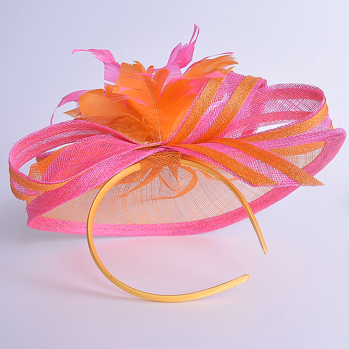 Lawliet Womens Sinamay Feather Fascinator Cocktail Hat Headband Church Wedding A268 (Orange Mix Pink)