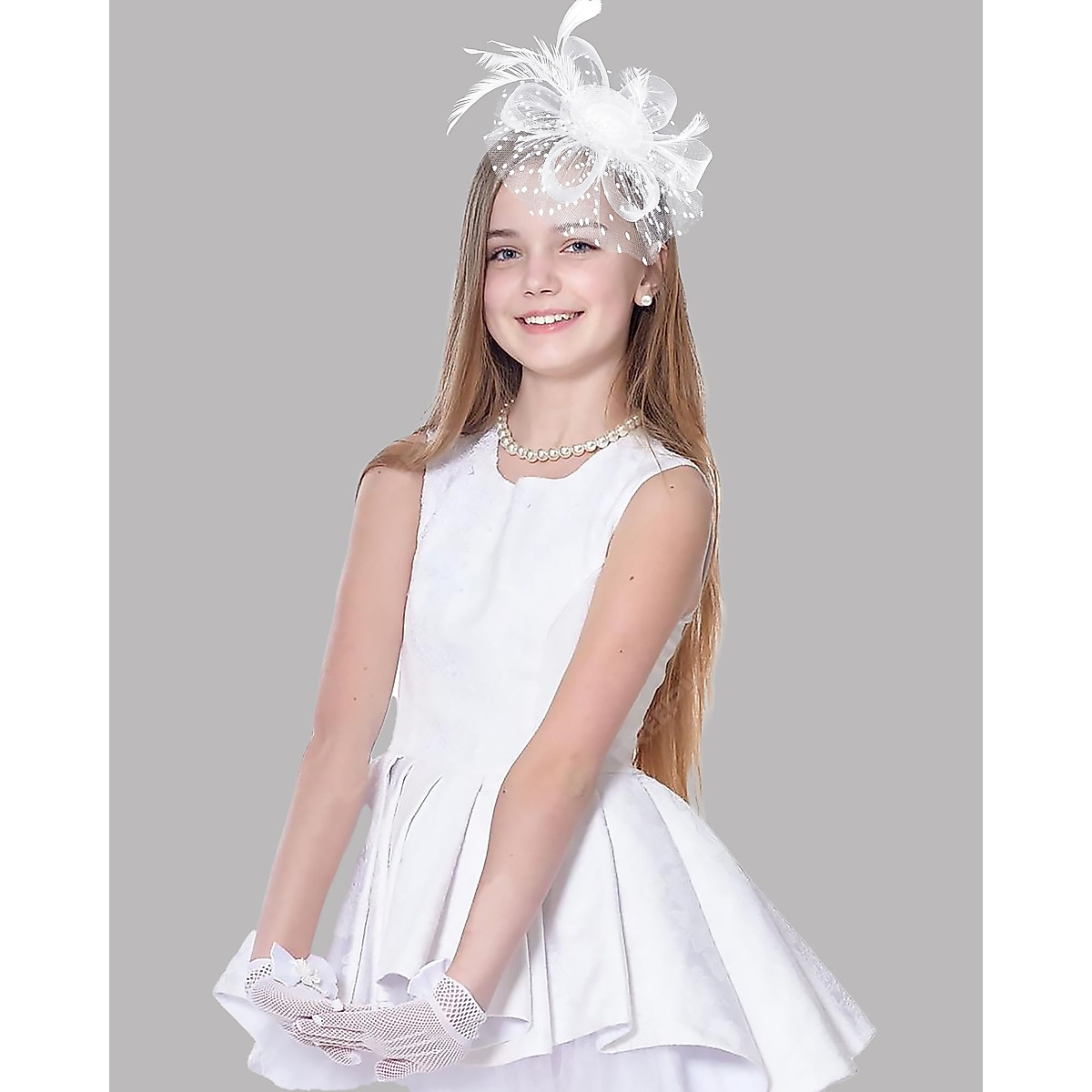 5 Pack White Fascinator for Gril Tea Party Headband Derby Hat Lace Gloves ewelry Pearl Bracelet Earrings Set for 1920s Party