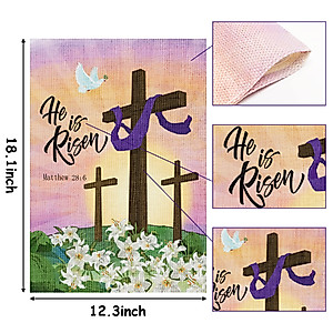 WATINC He is Risen Garden Flag Easter Cross Burlap Matthew 28:6 Vertical House Flag Double Sided Happy Easter Religious Jesus Christian Party Decorations Supplies for Lawn Yard Outdoor 12 x 18 In