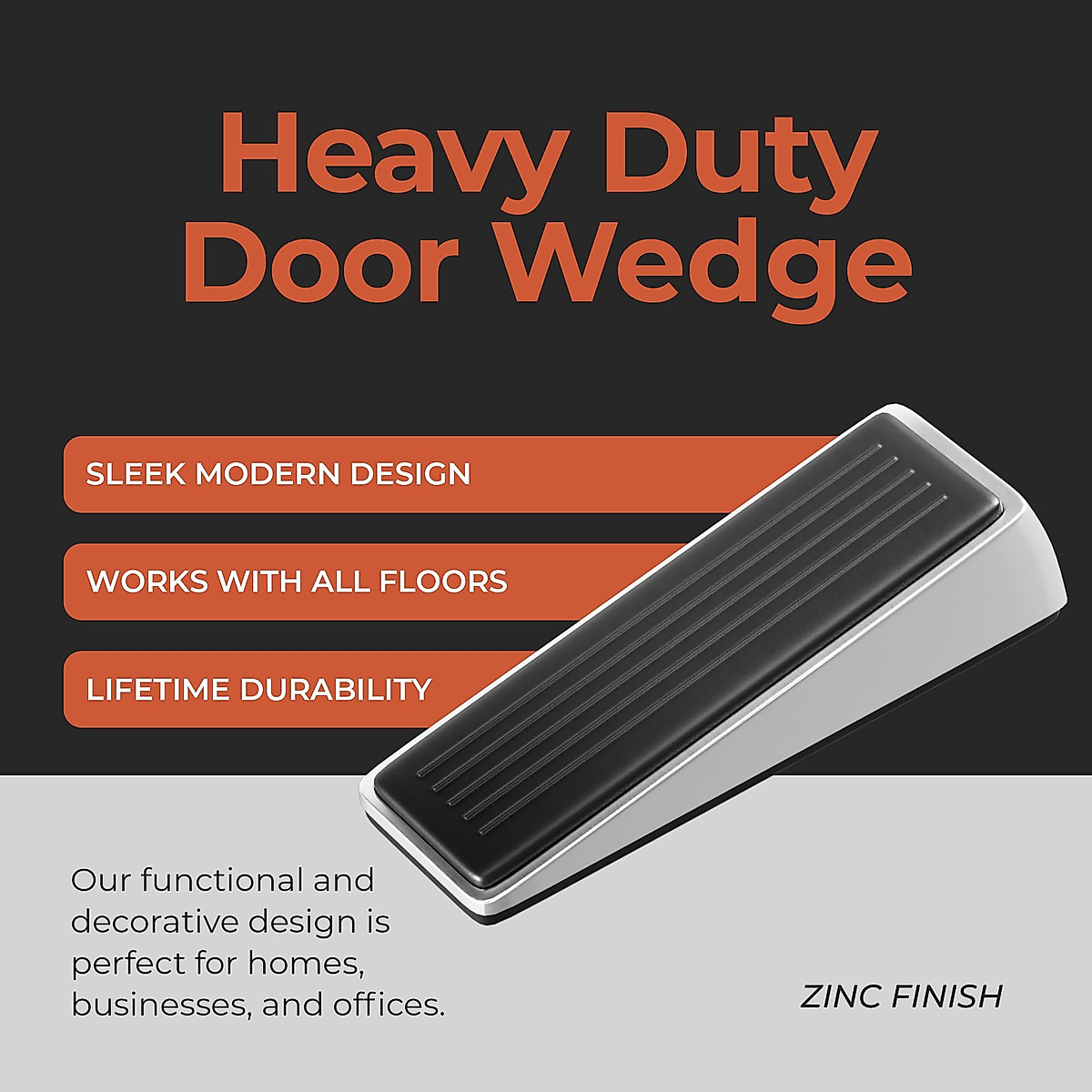 Architectural Hardware - Heavy Duty Zinc Door Stopper with Rubber Anti Scuff Grips (2 Pack) - Metal & Rubber Wedge Door Stoppers for Bottom of Door - Modern Door Stops - Doorstop Jam Door Wedge