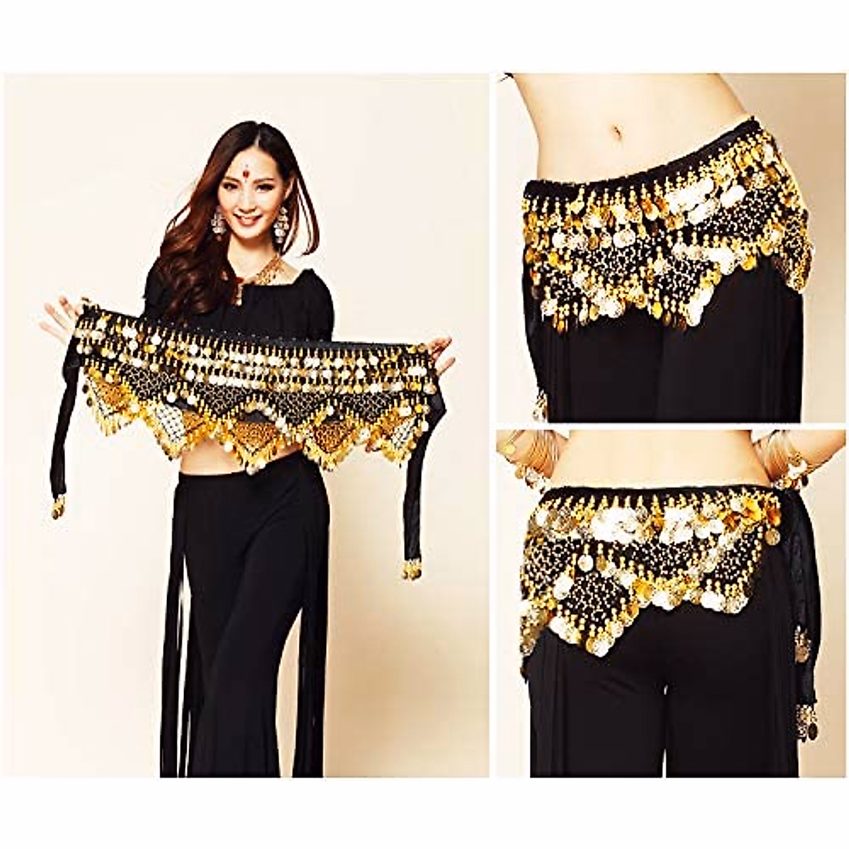 Gypsy Skirt Belly Dance Hip Scarf Dancing Dancer Women Pirate Costume Accessories Fortune Teller Headpiece Head Coins Belt Black Gold
