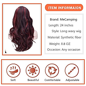 MeCamping Short Curly Wig with Bangs Synthetic Long Hair Wavy Red Mixed Black Wigs Party Cosplay Costume Halloween Wig Resistant Fiber Hair for Women Girls, 24 Inch (Pack of 1), Red mixed with black
