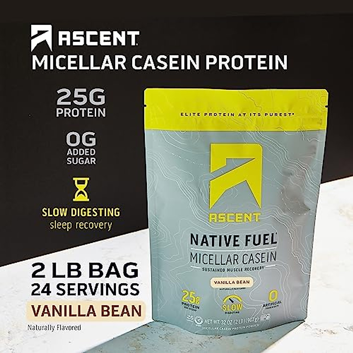 Ascent Casein Protein Powder - 25g Micellar Casein Powder with Zero Artificial Flavors & Sweeteners, Gluten-Free, No Added Sugar, 4.9g BCAA, 2.2g Leucine - Vanilla Bean, 2 Pounds