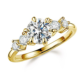 MOOSEA Round 5 Stone Moissanite Anniversary Rings for Women, 1.2CT D Color VVS1 Clarity Lab Created Moissanite Ring 14K Yellow Gold Vermeil Moissanite Engagement Rings for Women Promise Rings