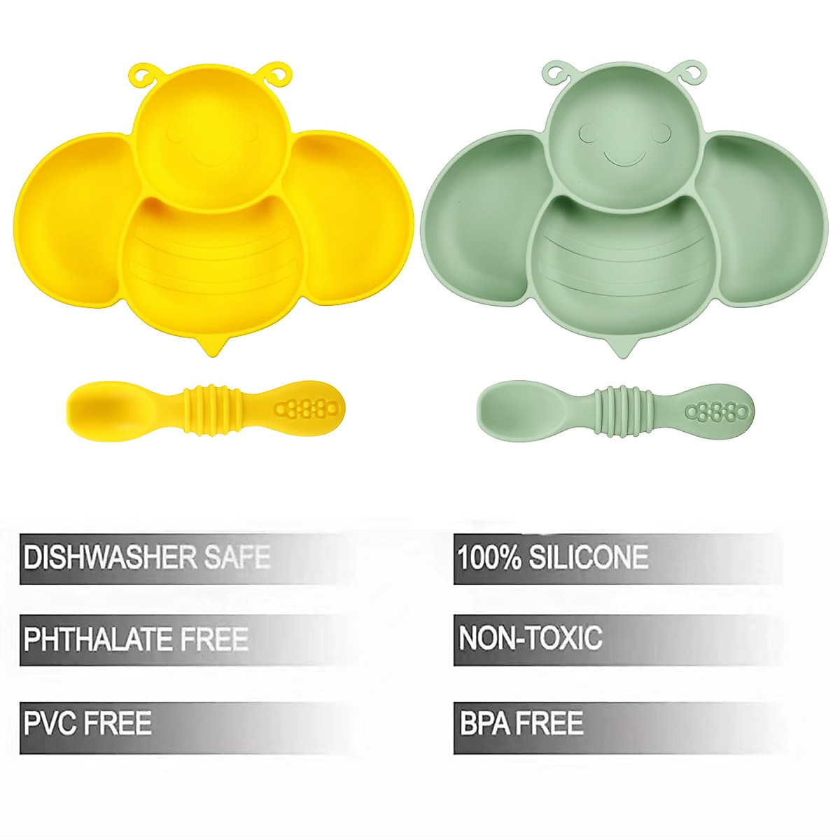 PandaEar 2 Pack Silicone Suction Plates for Baby, Divided Unbreakable Toddler Plate with 2 Pack Spoons for Self Feeding, Babies Utensils Feeding Set Baby Eating Supplies, Bee Shape, Yellow&Green