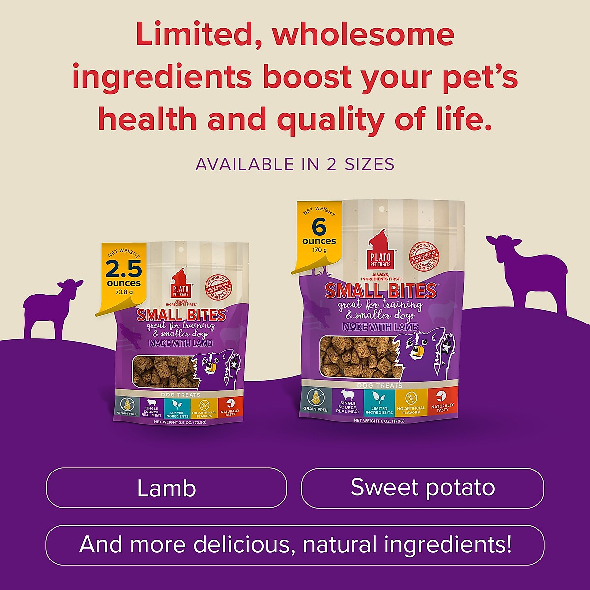 PLATO Pet Treats Small Bites - Air-Dried Training Treats for Dogs - Supports Healthy Digestion - Limited Ingredients - Lamb 2.5oz