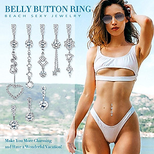 FIBO STEEL 8Pcs Belly Button Rings Dangle 316L Surgical Steel Belly Rings Dangling for Women Heart CZ Long Cute Navel Barbell Body Belly Piercing Jewelry Silver 14G