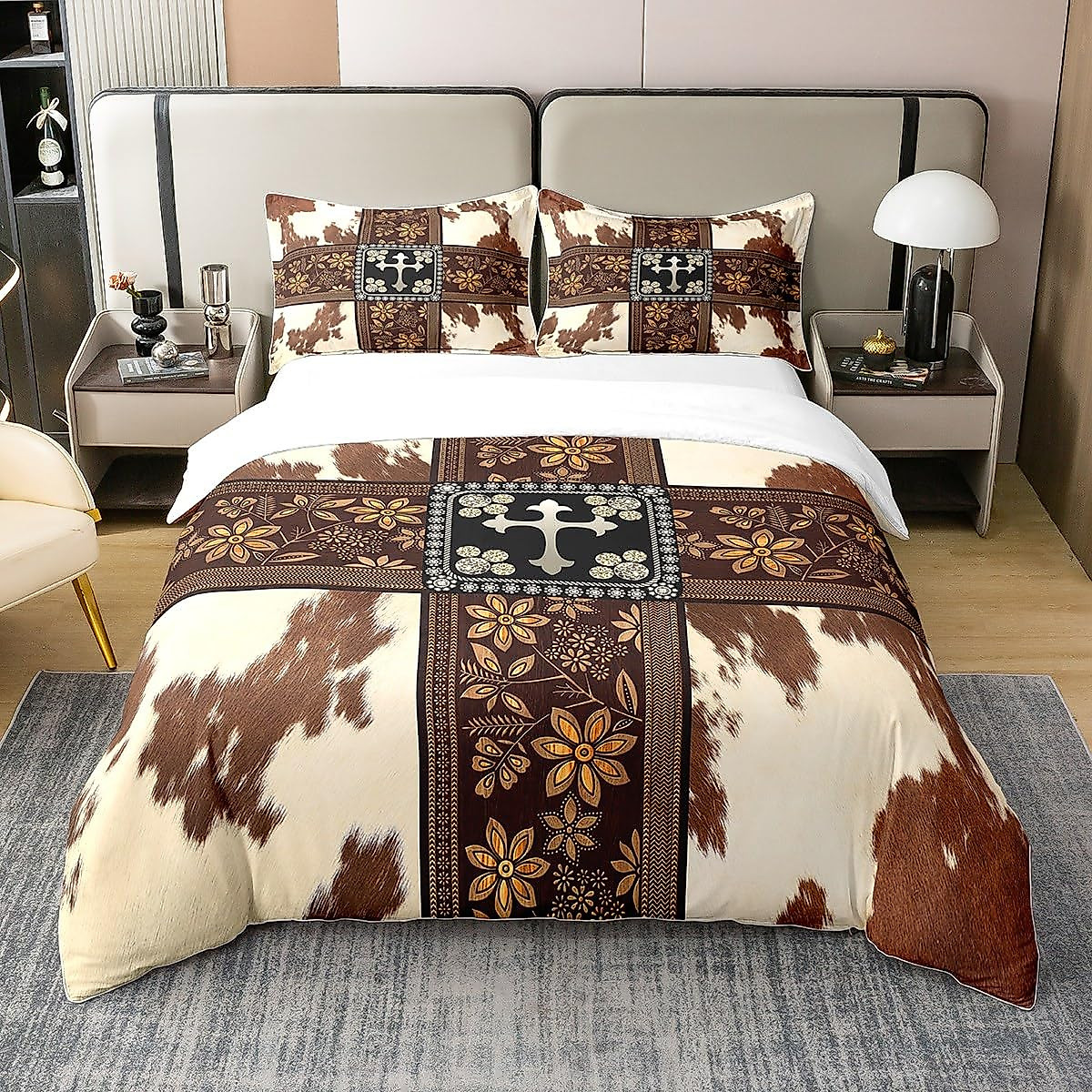 Cow Fur Print 100% Cotton Duvet Cover Brown White Cowhide Comforter Cover King Size Old Fashioned Floral Bedding Sets Southwest Western Style Bed Sets Wild Animal Hair Fur Pattern Quilt Cover,3Pcs