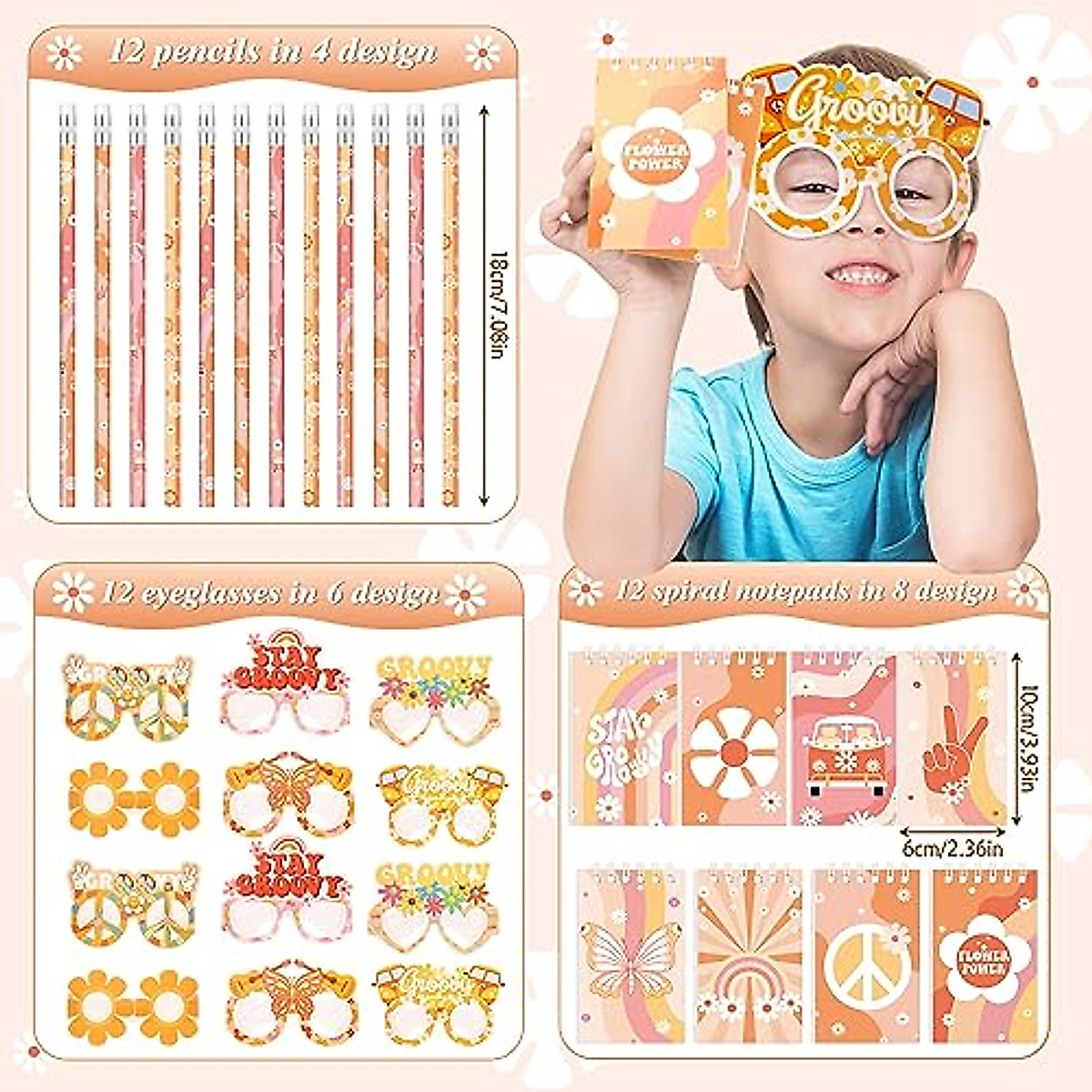 Honoson 122 Pcs Groovy Party Favors Retro Hippie Stationery Set Classroom Reward Prizes Notepads Pencils Badges Sharpeners Glasses Stickers Gift Bags for Kids Boho Birthday Two Groovy Party Supplies