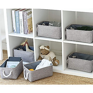 TheWarmHome Foldable Small Storage Baskets with Strong Cotton Rope Handles [6-Pack] Gray Collapsible Storage Bins Set Works Room Storage, Nursery Baskets