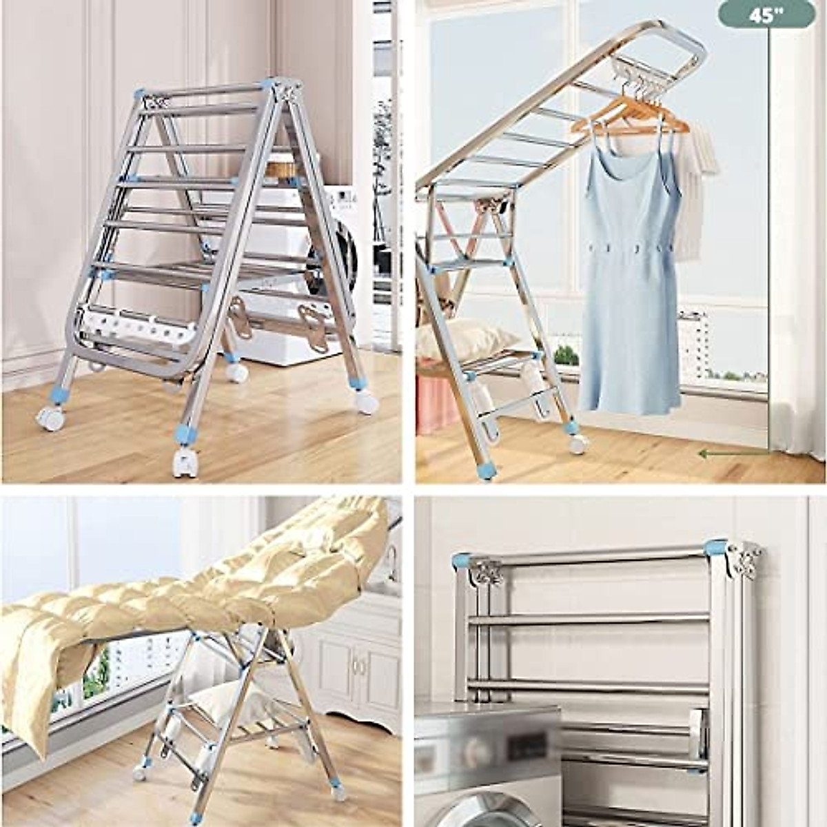 TTW Clothes Drying Rack, 3 Level Foldable Laundry Drying Rack Collapsible, Drying Rack Clothing, Extra Accessories and Wheels