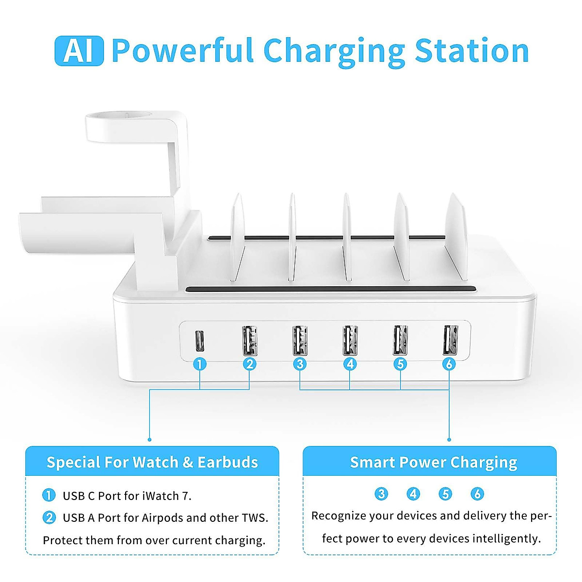 Multiple Charging Station Charger Station - Presents for Him Her Charging Station for Multiple Devices, 6 Ports USB Charging Dock for Phone|Earhead|Watch Stand, Fast Docking Station