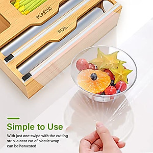 KOCWELL Bag Organizer and Plastic Wrap Dispenser with Cutter, 6 In 1 Bamboo Foil and Plastic Wrap Organizer for Kitchen Drawer, Food Storage Bag Organizer for Gallon,Quart,Sandwich,Snack(Beige)