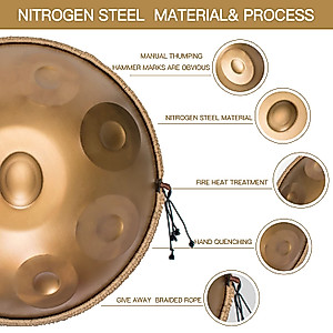 AS TEMAN HANDPAN, Handpan drum instrument in D Minor 9 Notes 440HZ 22 inches Steel Hand Drum with Soft Hand Pan Bag, 2 handpan mallet,Handpan Stand,dust-free cloth,gold