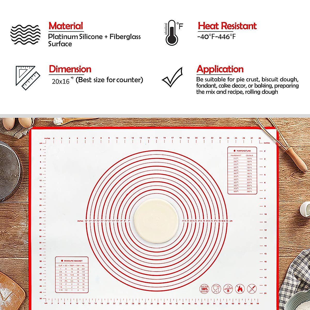 Pastry Mat for Rolling Dough, WeGuard 20“x16” Silicone Pastry Kneading Mat Board with Measurements Marking BPA Free Food Grade Non-stick Non-slip Rolling Dough Baking Mat