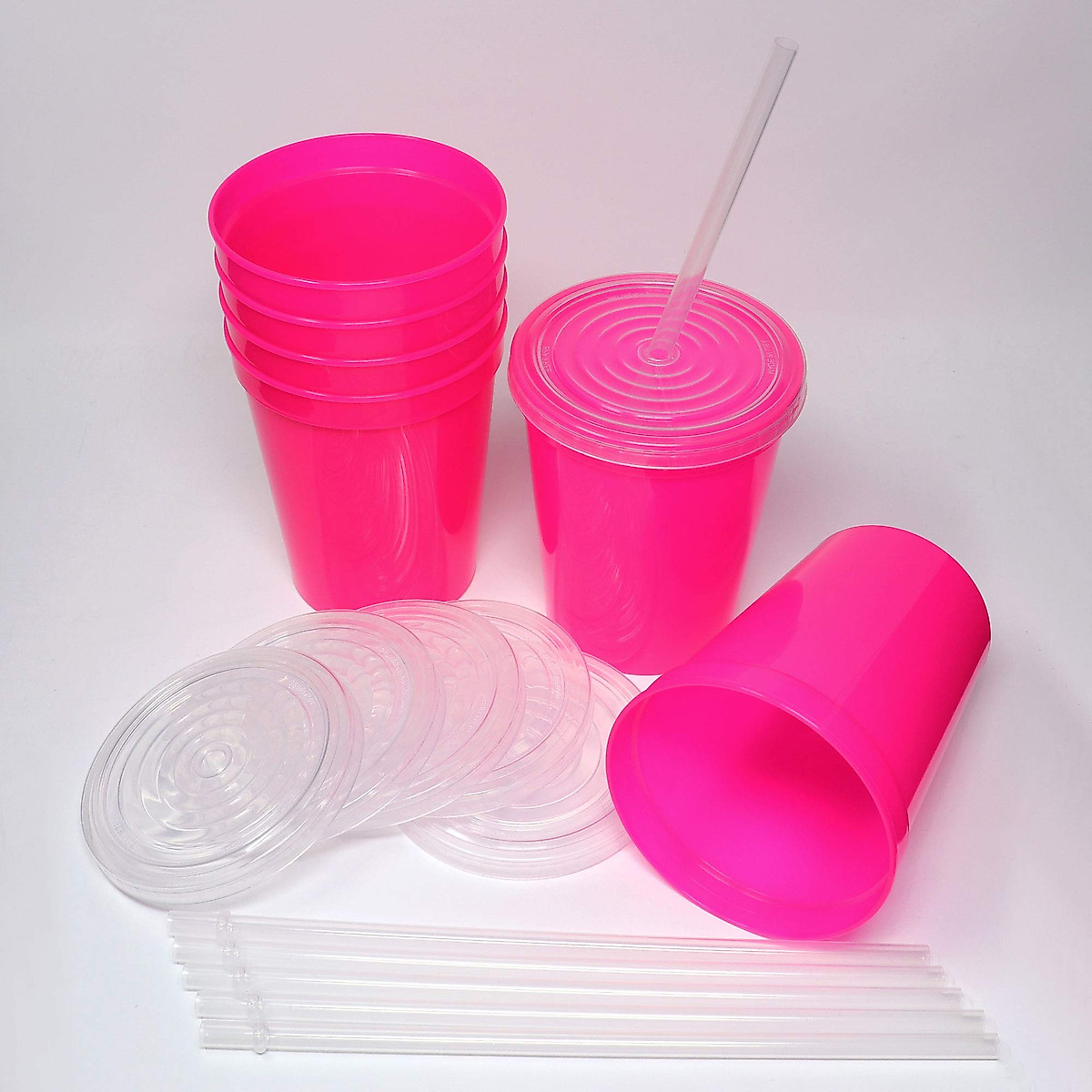 Rolling Sands 16 Oz. Reusable Plastic Stadium Cups with Lids, 6 Pack, USA Made Tumblers and Lids, Includes 6 Reusable Straws; Dishwasher Safe, Translucent Neon Pink