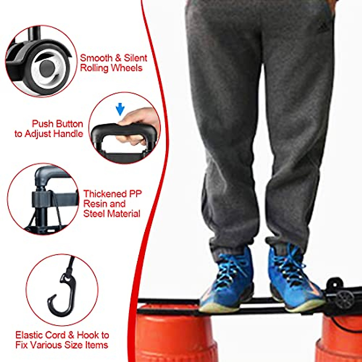 Double Rhombus Folding Hand Truck Lightweight Portable Cart, 110 lbs/50kg Capacity Heavy Duty Utility Cart with Telescoping Handle, 2 Rubber Wheels, Bungee Cord for Luggage, Shopping, Moving Daily Use