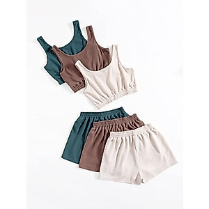 SheIn Women's 6 Pieces Outfits Crop Tank Top and Elastic Waist Shorts Set Multicolor Blue Medium