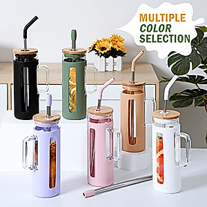 Kodrine Tumbler with Lid and Straw, 20 oz Glass Coffee Tumbler with Handle, Smoothie Cup with Bamboo Lid | Time Marker | Silicone Protective Sleeve, BPA Free - Olive