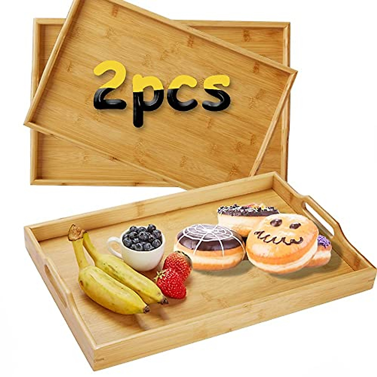 AMONE Serving Tray with Handles，Bamboo Wooden Tray Great for Dinner Trays, Tea Tray, Bar Tray, Breakfast Tray, or Any Food Tray - Good for Parties and Outdoors (2Pack)
