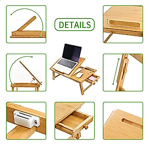 Diosbles Lap Desk, Bamboo Laptop Desk for Bed and Sofa, Height Adjustable Bed Desk, Foldable Breakfast Serving Bed Tray, Laptop Tray with Drawer