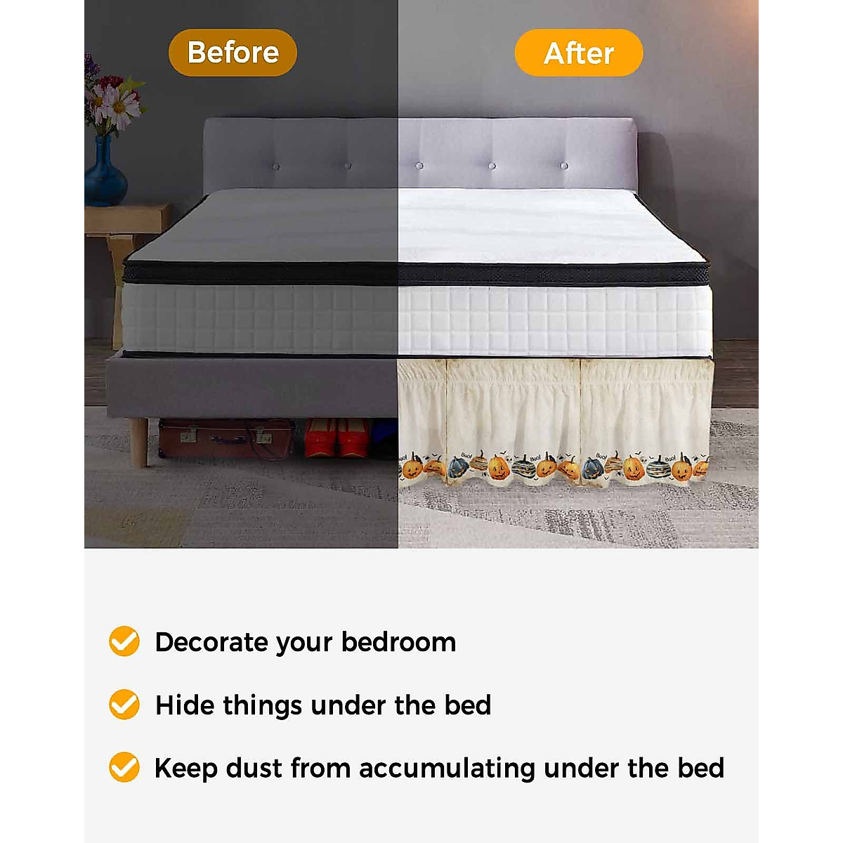 Halloween Bed Skirt Cal King Size 18 Inch Drop,Adjustable & Elastic Wrap Around Bed Skirts Pleated Luxury Ruffles for Twin Full Queen Cal King Bed,Pumpkins Skull-Boo Black Fall Bat Cat Crow SPI-der