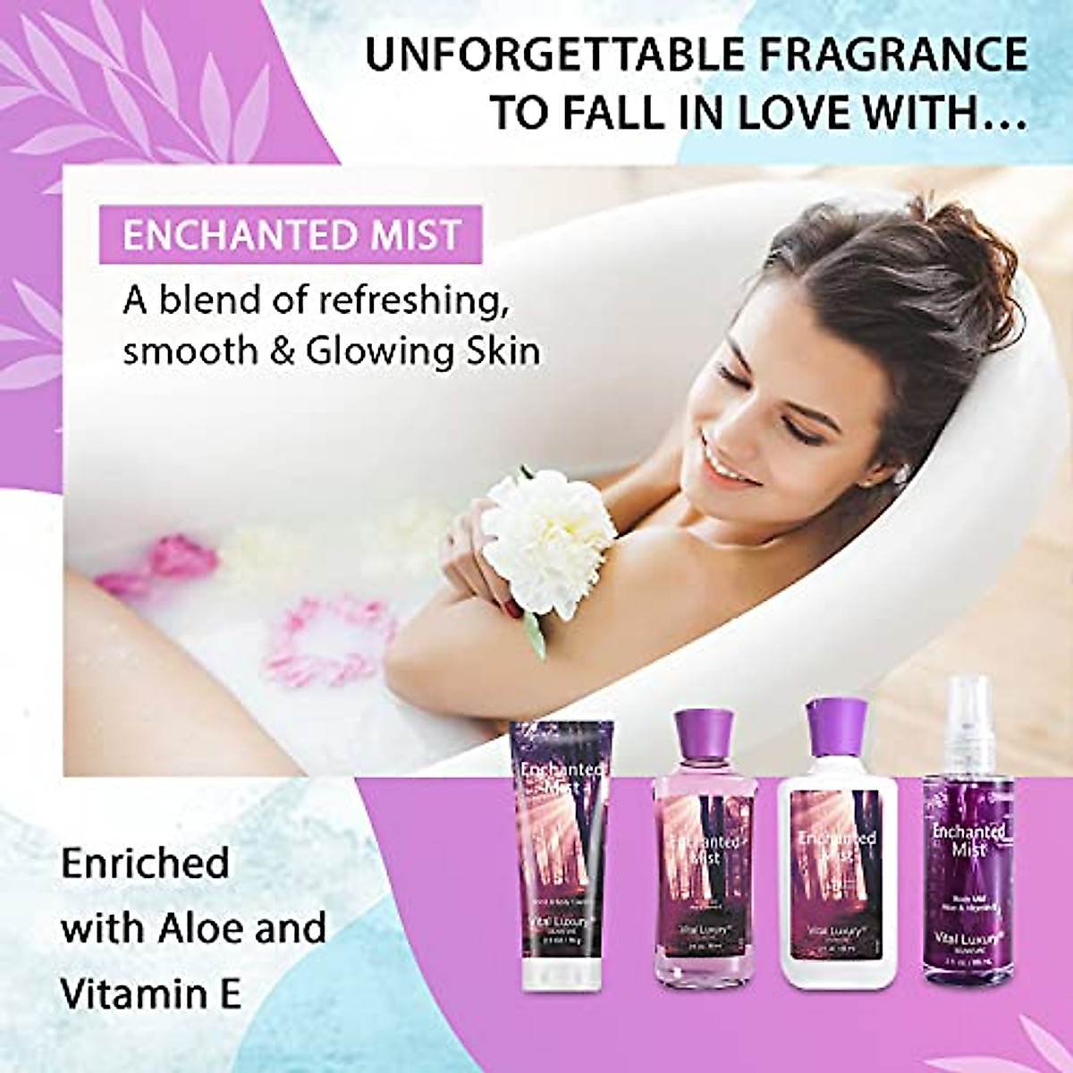 Vital Luxury Bath & Body Kit, 3 Fl Oz, Ideal Skincare Gift Home Spa Set, Includes Body Lotion, Shower Gel, Body Cream, and Fragrance Mist, Valentines Day Gifts for Her and Him(Enchanted Mist)