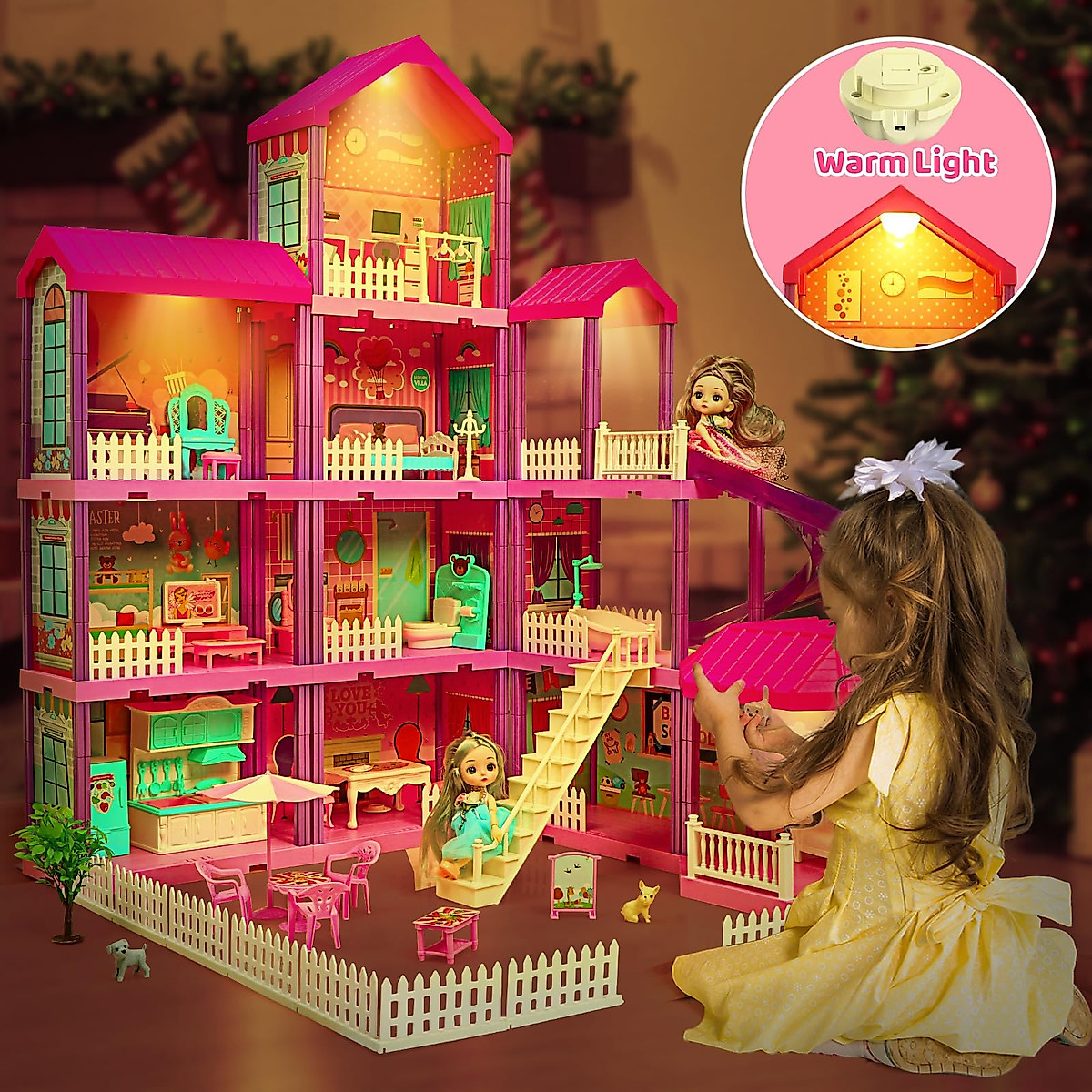 beefunni Doll House, Dream Dollhouse for Girls,Doll Houses 4-5 7-8 Year Old with 4 Stories -11 Rooms, 2 Dolls and Furniture, Princess Dollhouse 2024 Christmas Toy Gifts for 3 4 5 6 7 8+ Year Old Girls