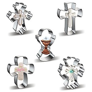Cross Cookie Cutter Shapes Set, Azflyife 5 Piece Stainless Steel Metal Biscuit Mold Cookie Cutters with Chalice Holy Cup Crucifix Crucifixion for Easter Halloween Christmas Religious Baptism Communion