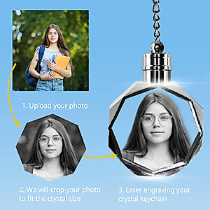 HAN'S LASER Customized Crystal Keychain, Personalized Picture Key Chain with LED Light, Best Custom Gift, Octagon