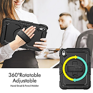 Wgdttve iPad 10th Generation (10.9 inch 2022) Case, Built-in Screen Protector,Shockproof with Pencil Holder 360° Rotating Hand Strap&Stand Shoulder Strap,Case for iPad 10.9 inch Tablet Cover (Black)