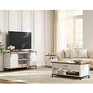 WAMPAT Premium Farmhouse Coffee Table Set of 2 for Living Room, 1 Large Rectangle Center Table with Storage Drawers, 1 End Side Table with Charging Station for Living Room, White/Oak