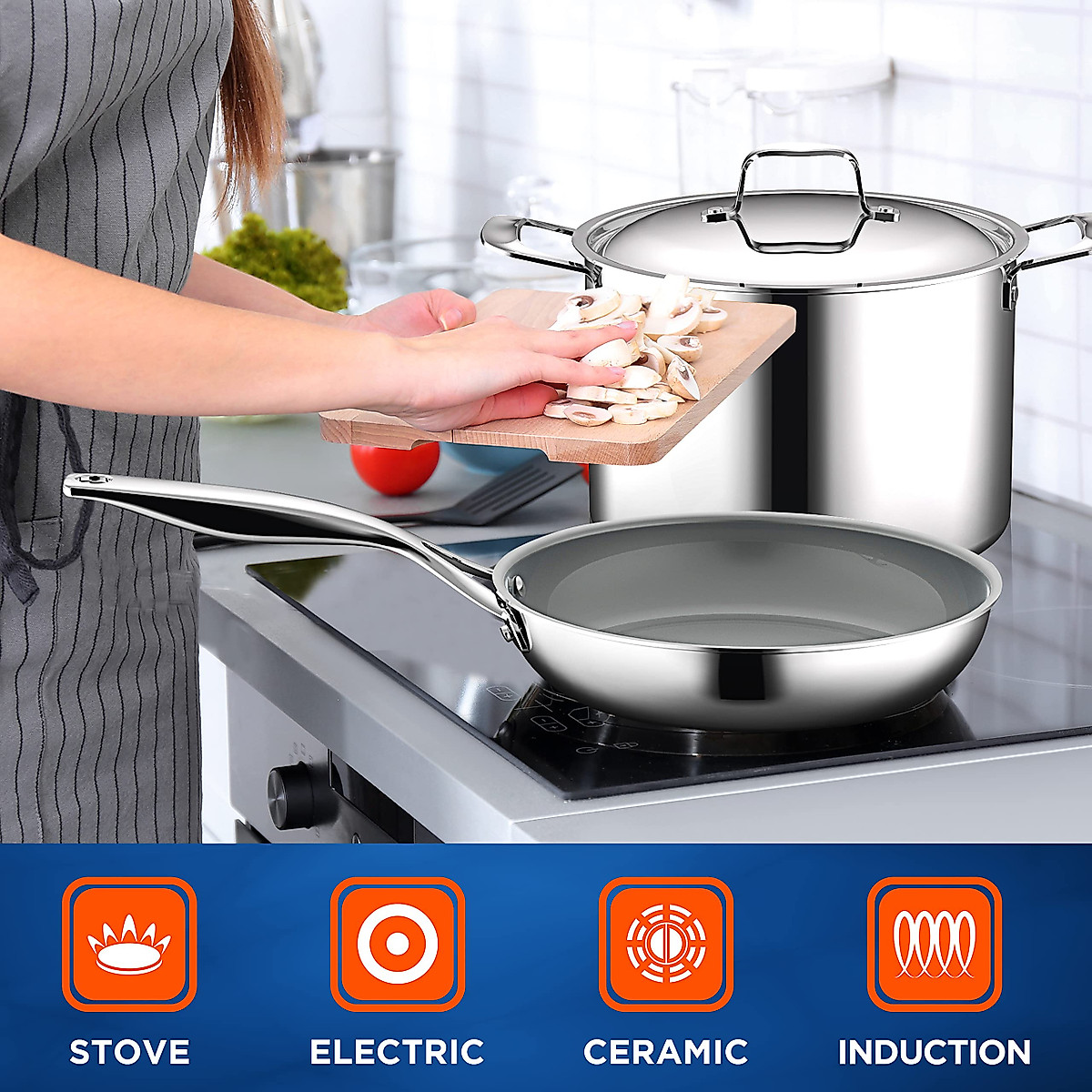 NutriChefKitchen Kitchenware Pots & Pans Set-12-Piece Set Clad Kitchen Cookware w/Steel Handles,Fry Pan Interior Coated w/Prestige Ceramic Non-Stick Coating,Stylish Kitchen Cookware,one size,NCSSX45