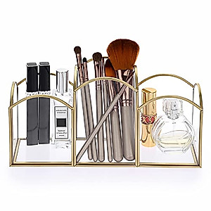 ELLDOO 3 Slots Glass Makeup Brush Holder Organizer for Vanity Dresser, Semicircle Rim Design, Pen Cup Holder Pencil Holder for Office Desk