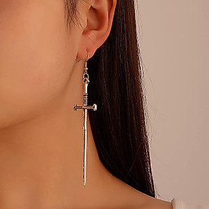 Fuqimanman2020 Unique Retro Gothic Long Sword Hook Earrings Vintage Silver Punk Style Knife Dangle Drop Earrings for Women