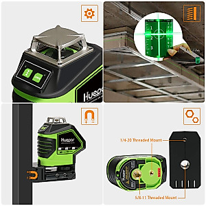 Huepar Self-Leveling Green Laser Level Cross Line with 2 Plumb Dots Laser Tool -360-Degree Horizontal Line Plus Large Fan Angle of Vertical Beam with Up & Down Points -Magnetic Pivoting Base 621CG